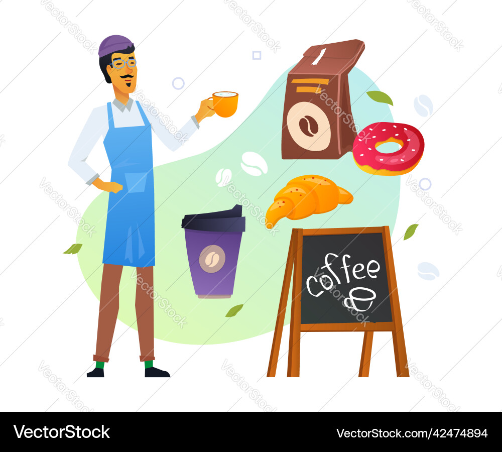 Happy coffee shop owner - modern colored Vector Image