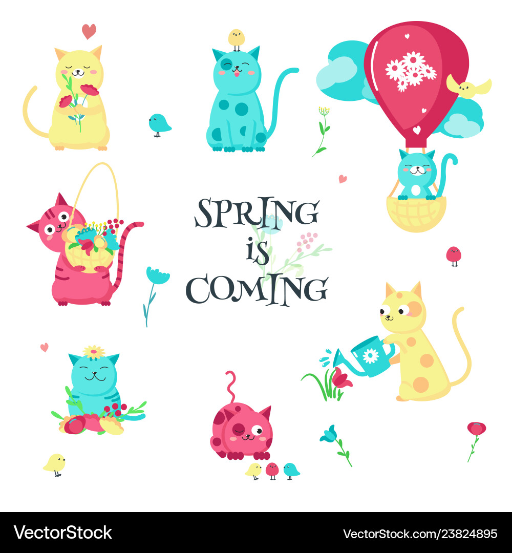 Cute funny spring cats isolated Royalty Free Vector Image