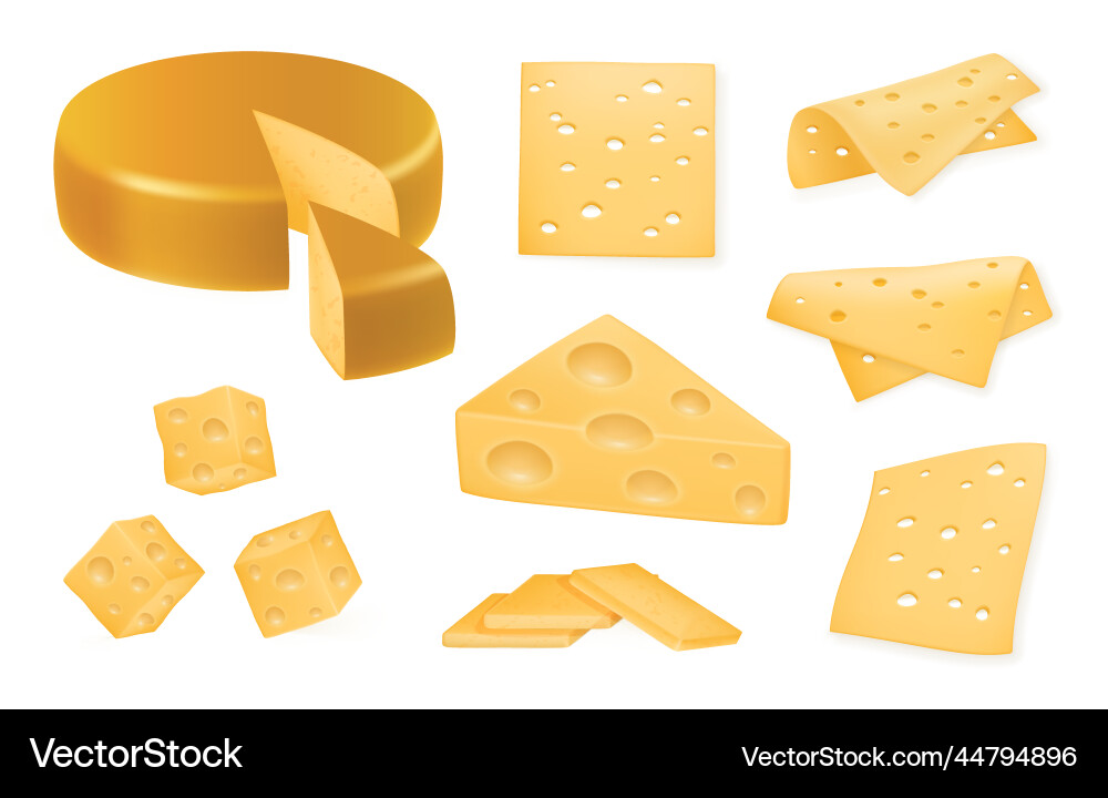 Realistic cheese set whole half and food slice Vector Image