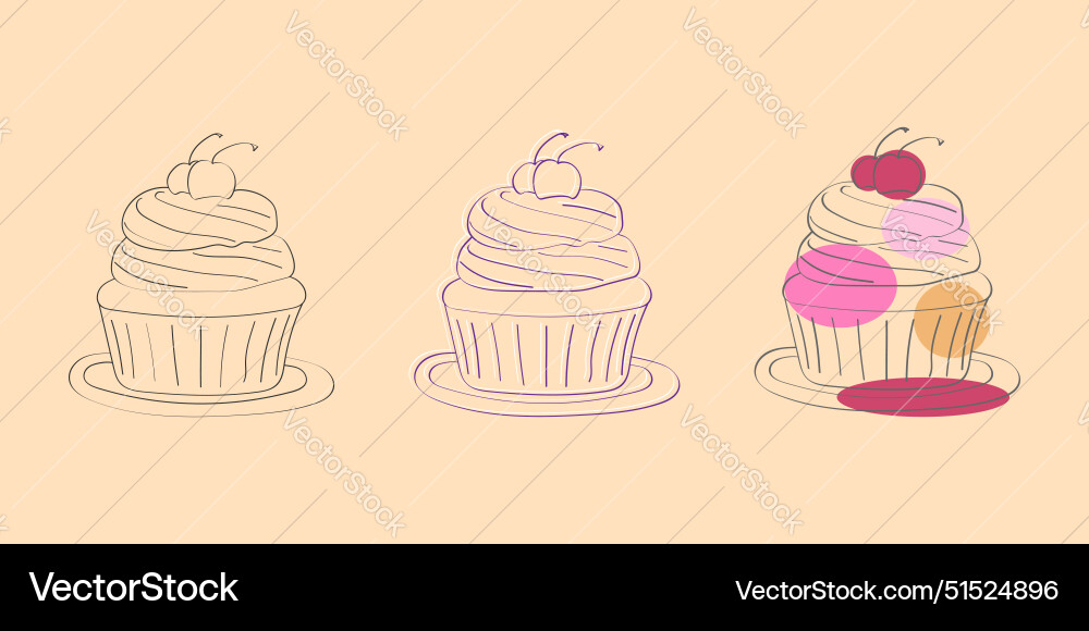 Three cherry topped cupcakes Royalty Free Vector Image