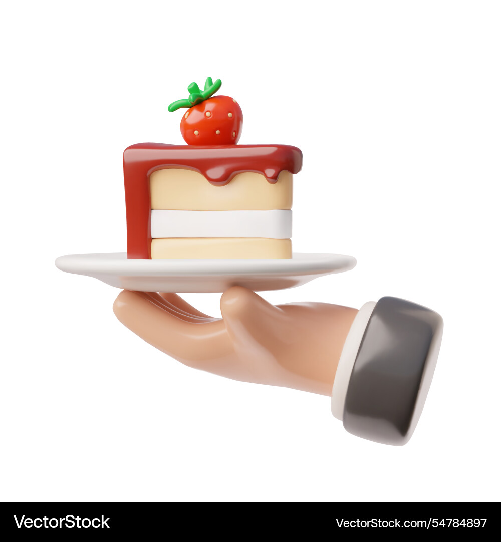 Hand hold cake on a plate with strawberry 3d Vector Image