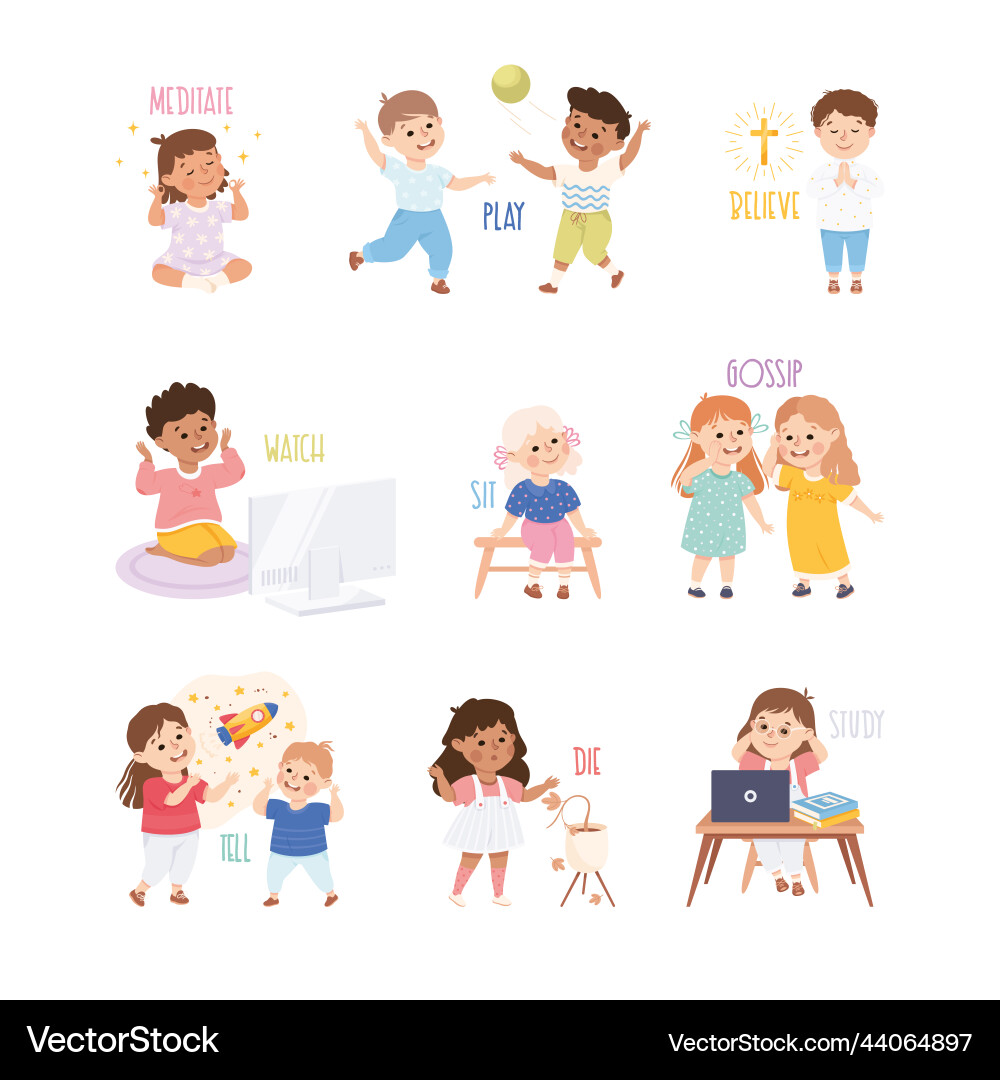 Verbs study with little kids doing different Vector Image