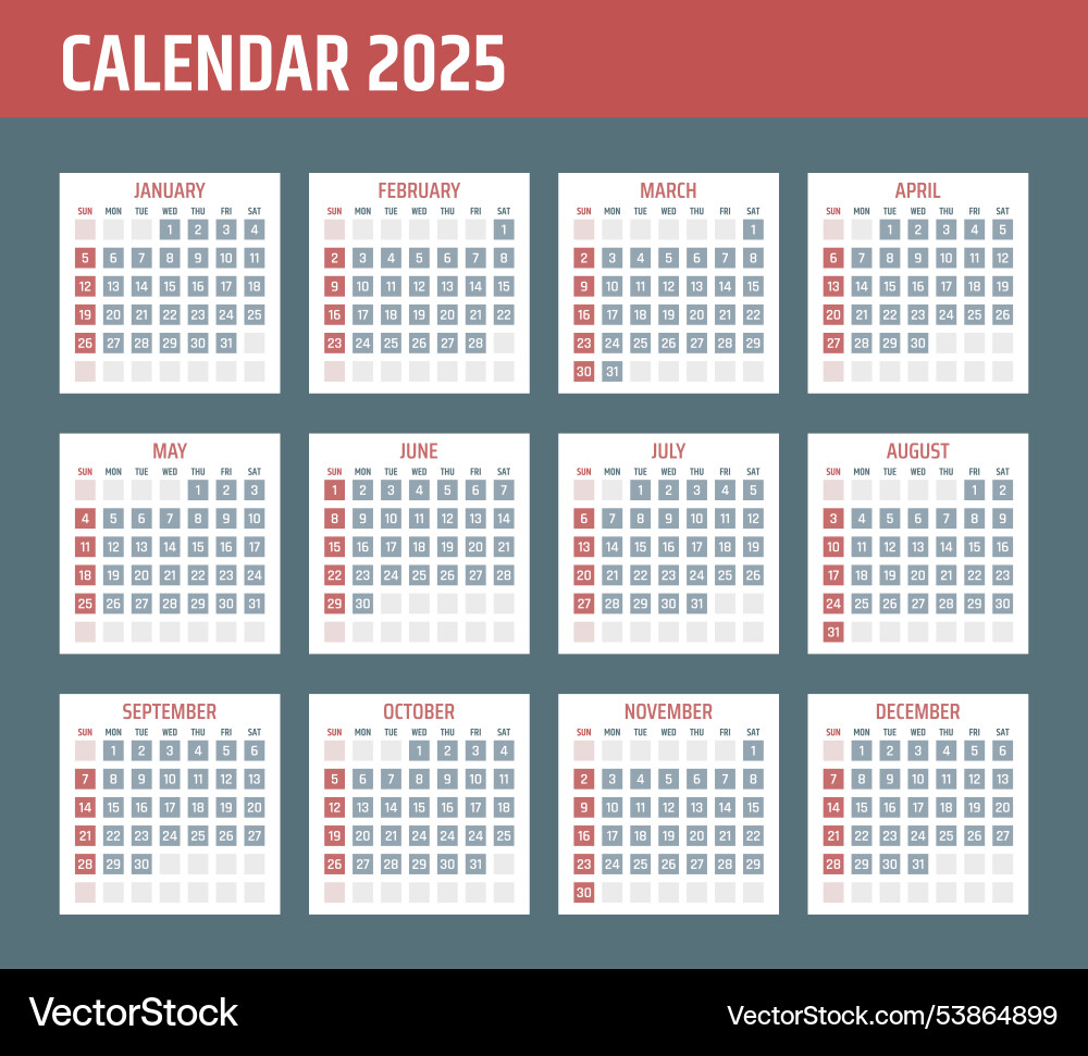 Calendar for 2025 starts sunday Royalty Free Vector Image