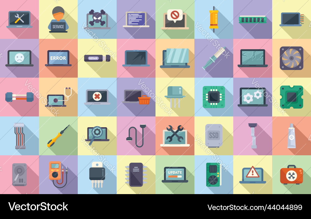 Laptop repair icons set flat computer Royalty Free Vector