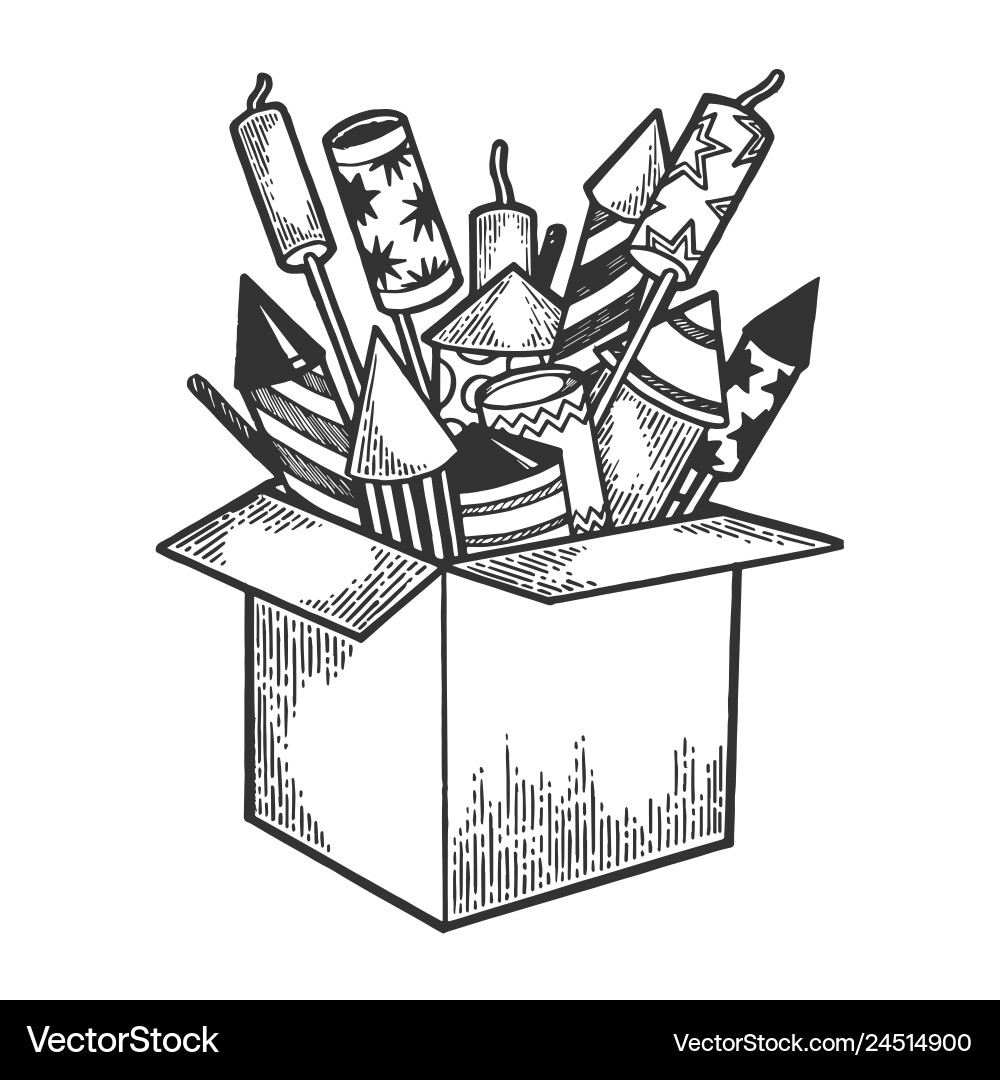 Box with fireworks sketch engraving Royalty Free Vector