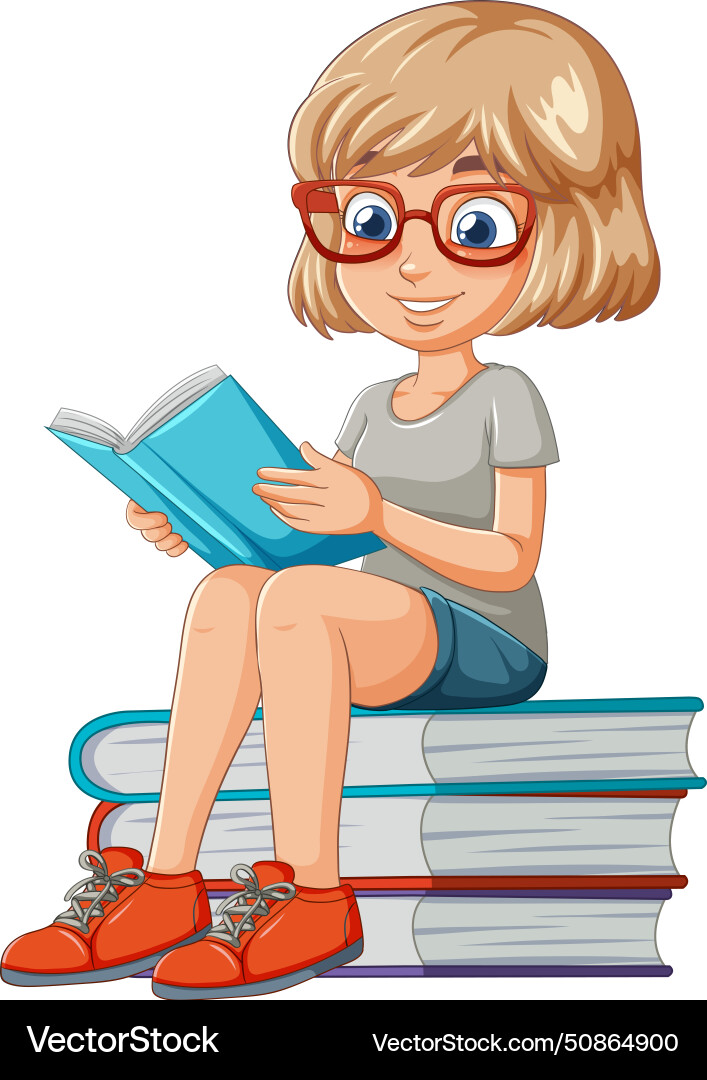 Cartoon of a girl reading book on stack Royalty Free Vector