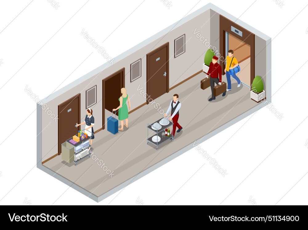Isometric luxury hotel hallway interior Royalty Free Vector