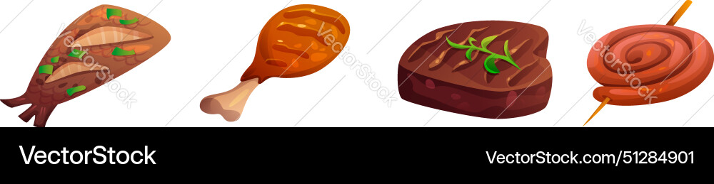 Bbq meat and fish cartoon set Royalty Free Vector Image