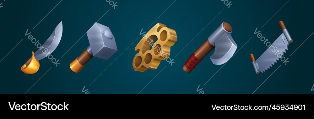 Cartoon set of game weapon or tools isolated Vector Image