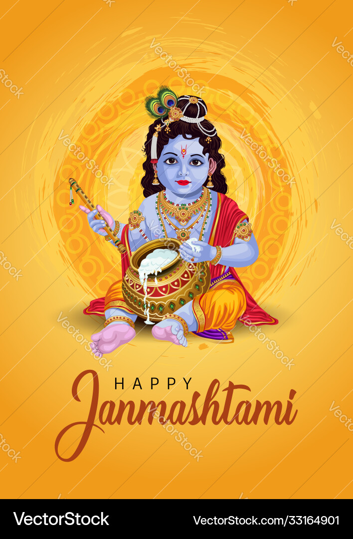 Little krishna with flute and pot happy Royalty Free Vector