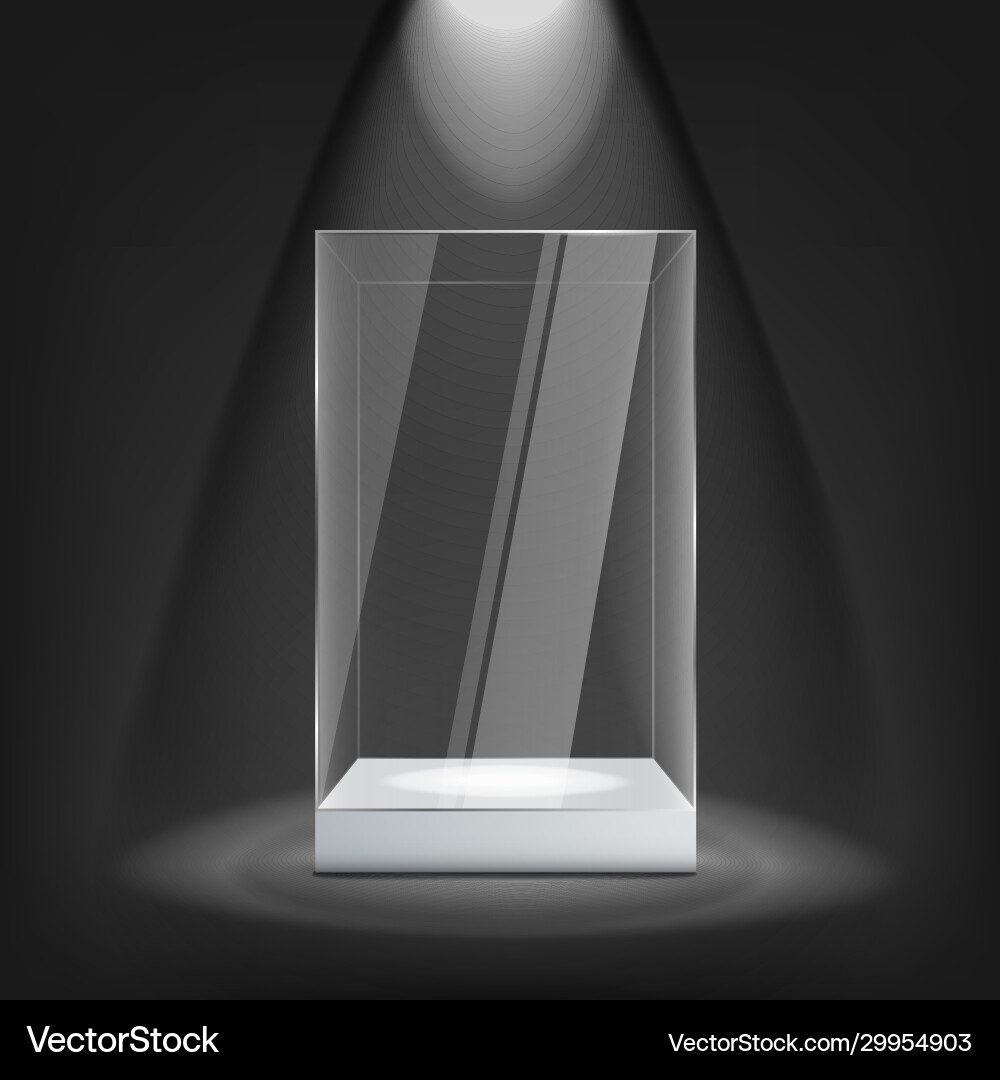 Big glass display case on white pedestal mockup Vector Image