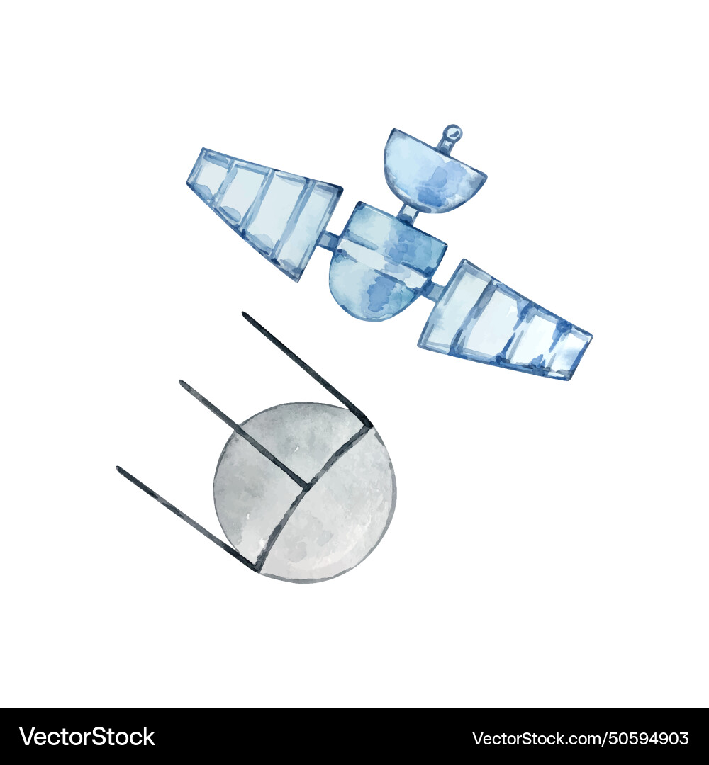 Watercolor satellite set space Royalty Free Vector Image
