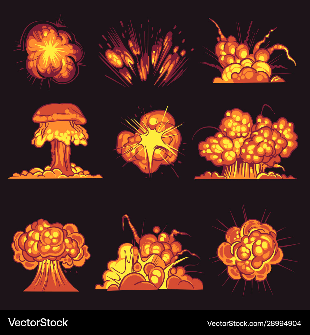 Cartoon explosions bomb explosion fire bang Vector Image
