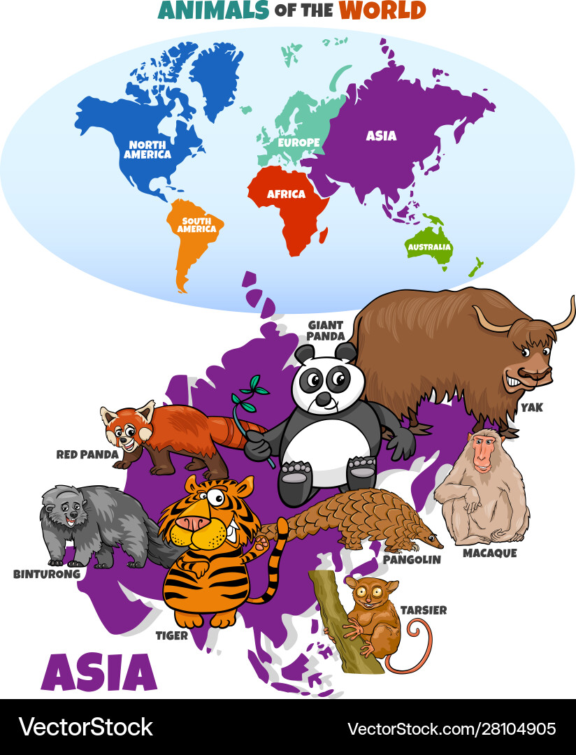 Asian Animals and World Map Royalty Free Vector Image
