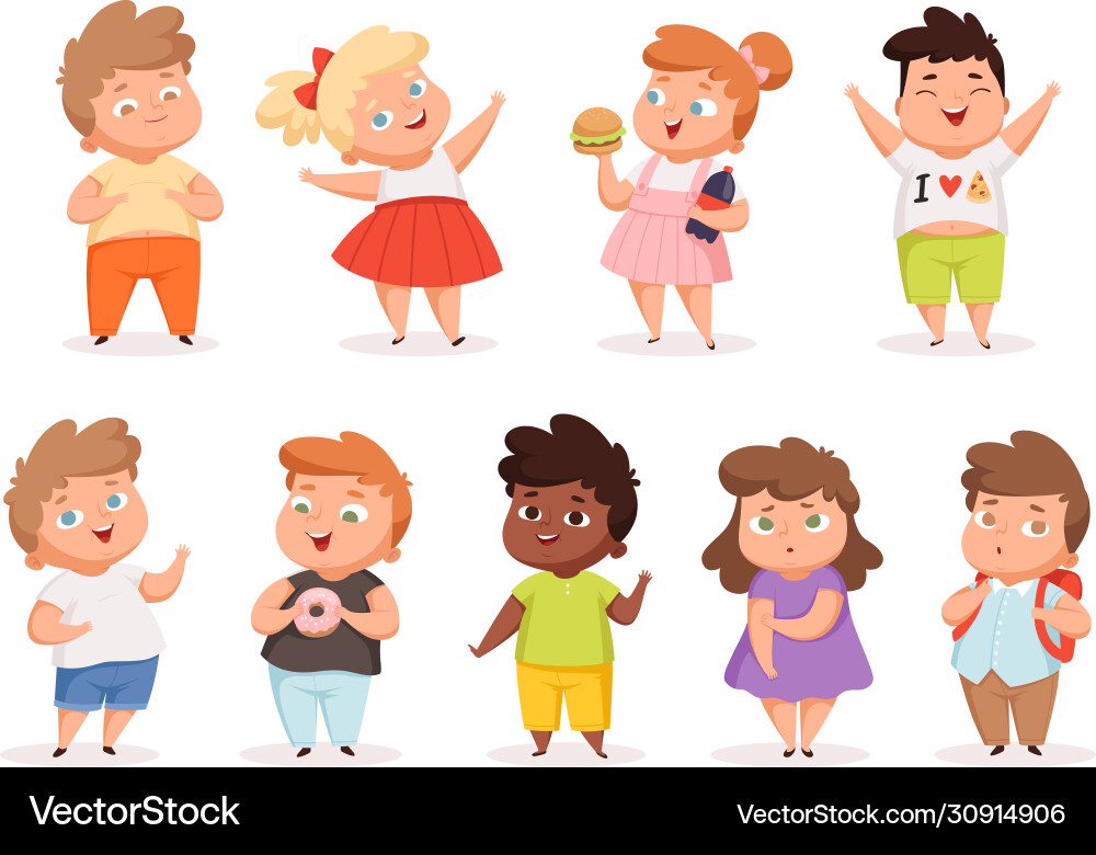 Overweight children fat kids eating different Vector Image