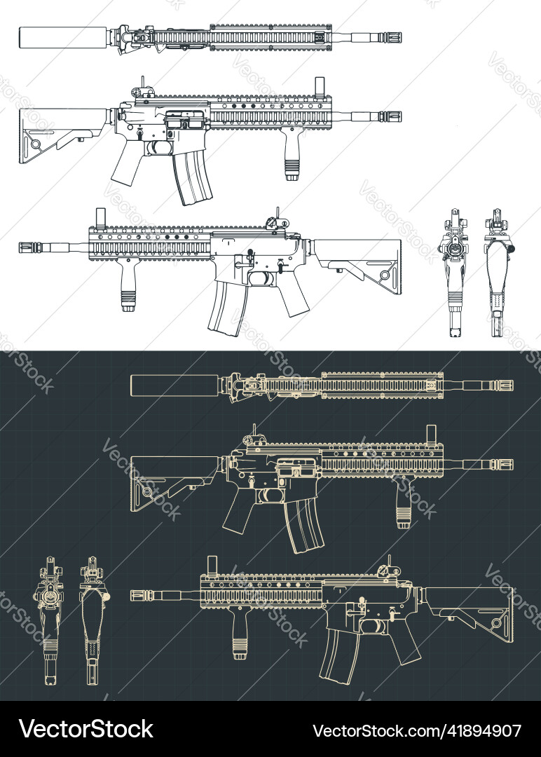 Assault Rifle Blueprints - Technical Drawings Vector Image
