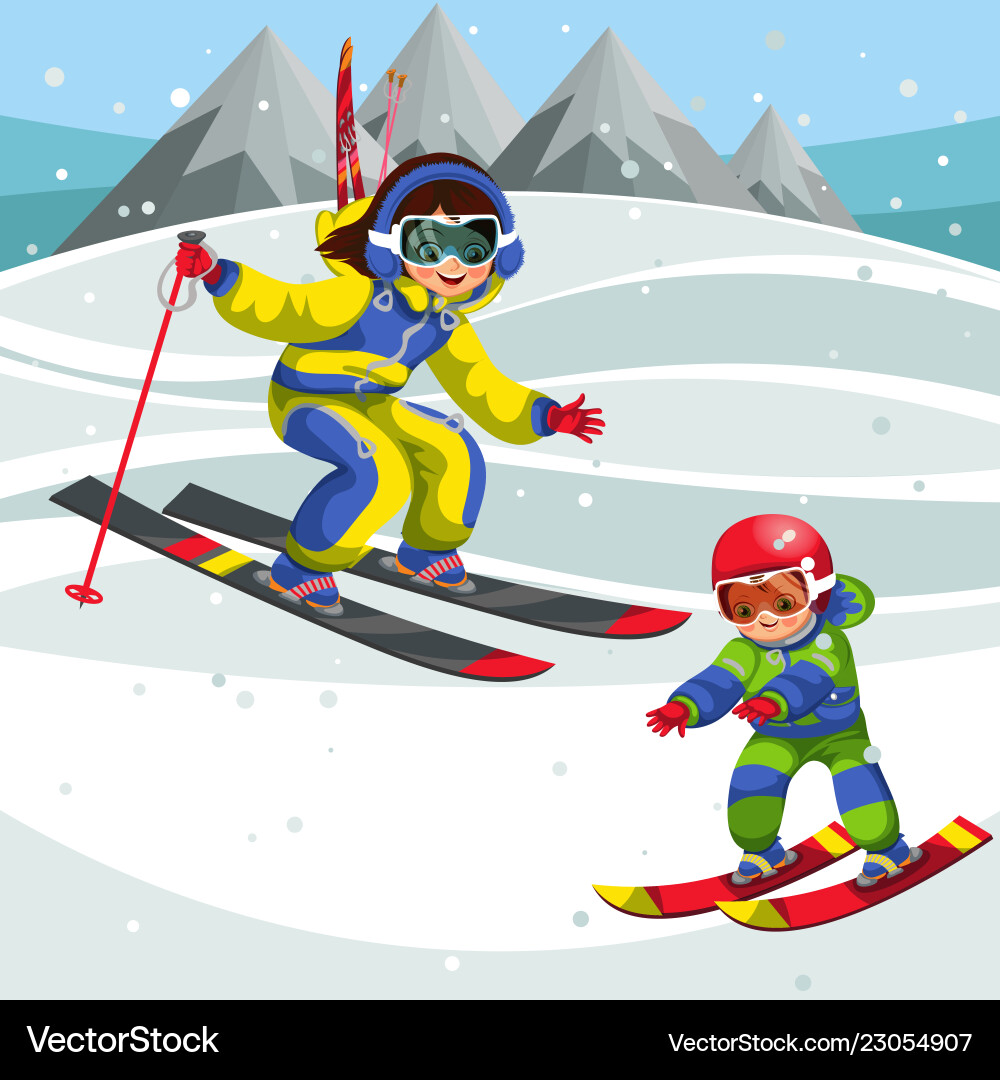 Cartoon instructor showing little child how to ski