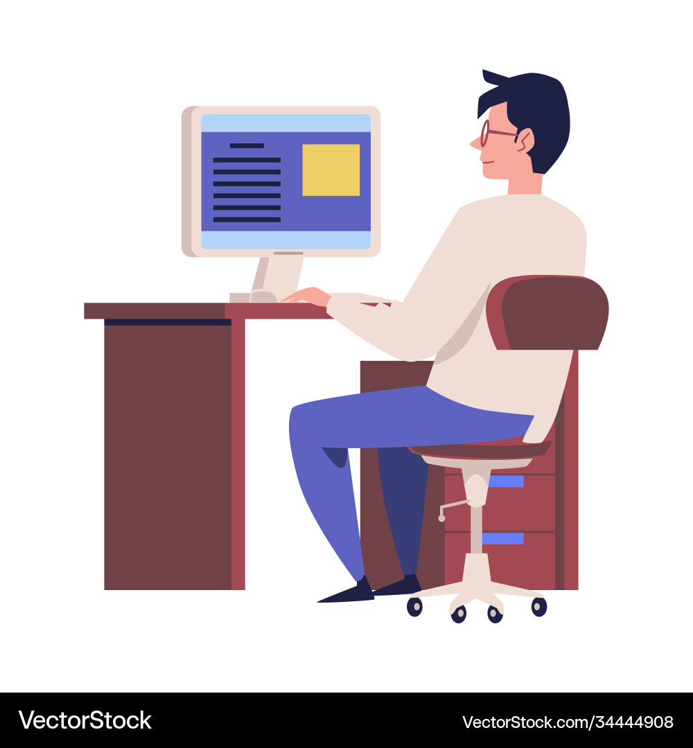 Employee working computer at office flat cartoon Vector Image