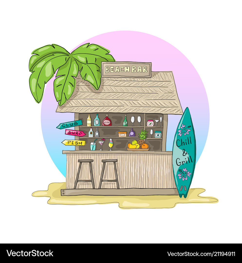 Beach bar with palm tree and sunset Royalty Free Vector