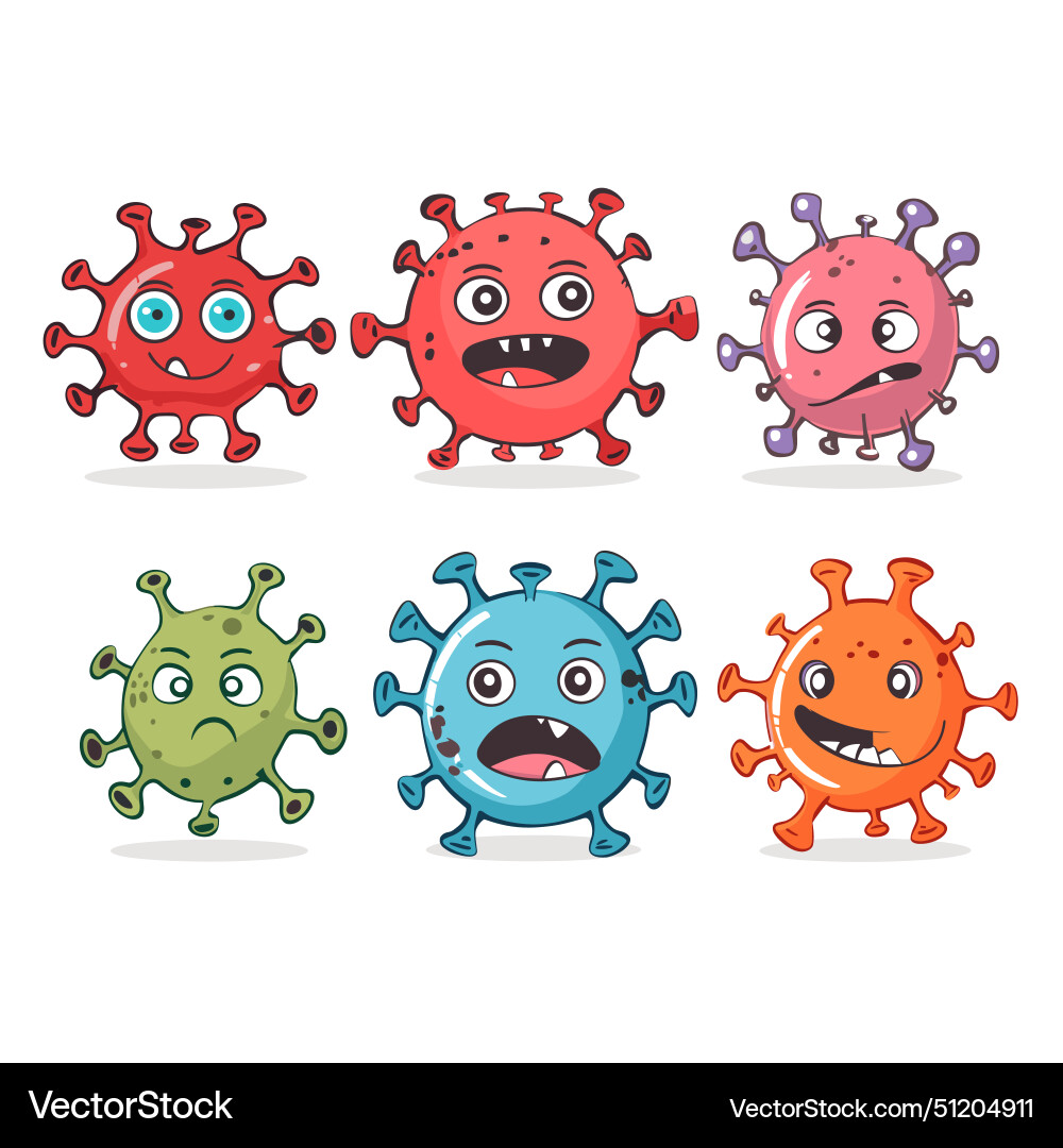 Six cartoon virus characters unique color Vector Image