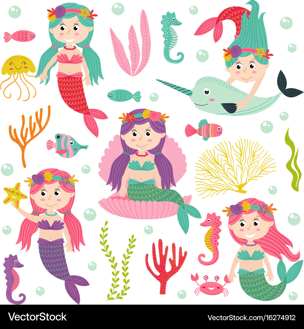 Cute Mermaids & Marine Animals Royalty Free Vector Image