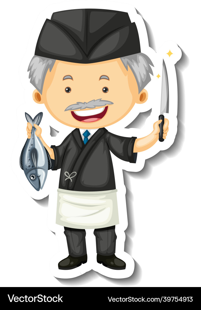 Sticker template with a chef man holds fish Vector Image