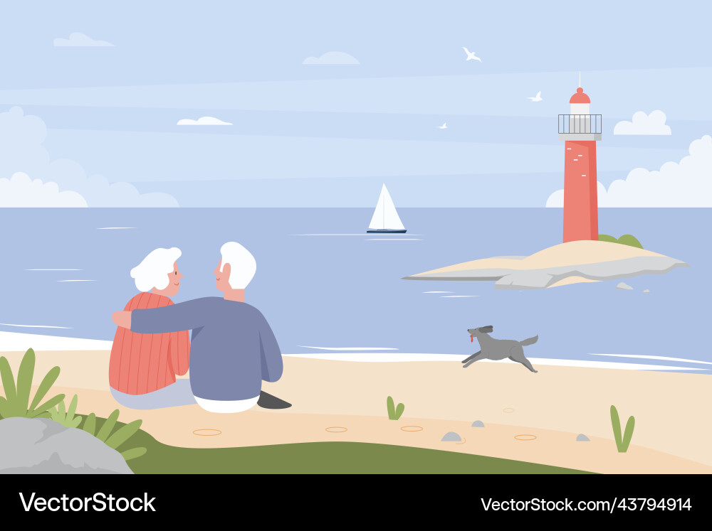 Happy Elderly Couple On Summer Vacation Sitting Vector Image