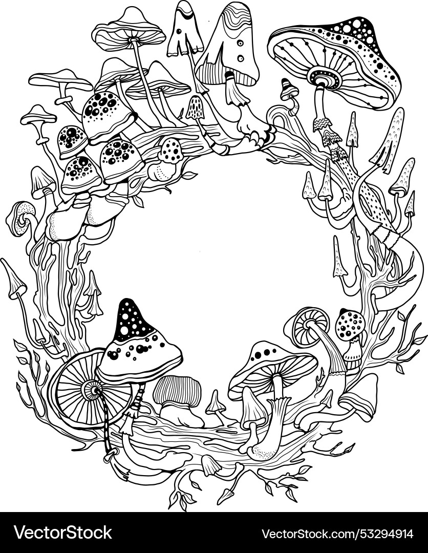 Round frame made of mushrooms and branches Vector Image