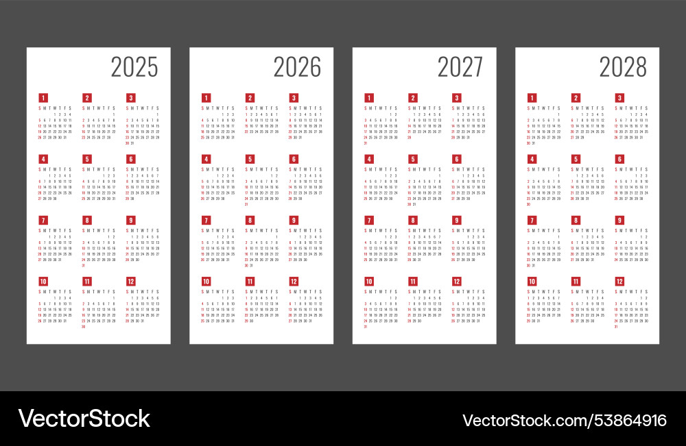 2025-2028 Calendar - Sunday Start Royalty Free Vector Image