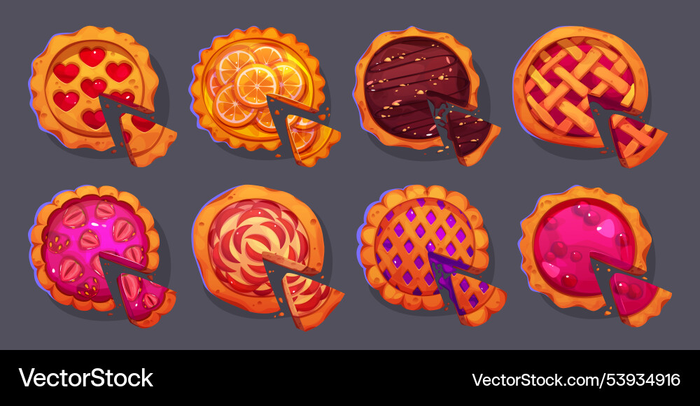 Cut round tart with triangle piece and crumbles Vector Image