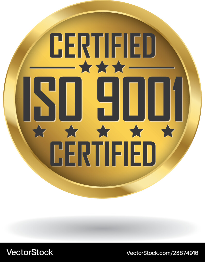 Iso 9001 certified gold label Royalty Free Vector Image