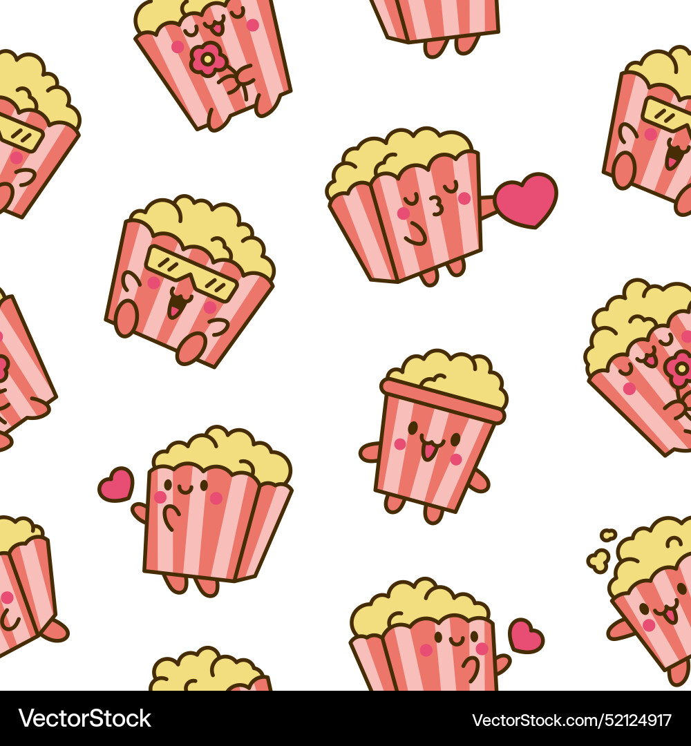 Cute kawaii popcorn character seamless pattern Vector Image