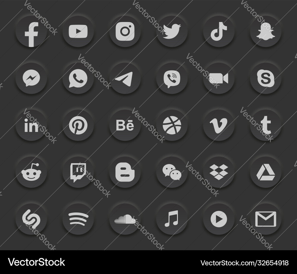 Social Media Icons - Dark Mode Royalty Free Vector Image
