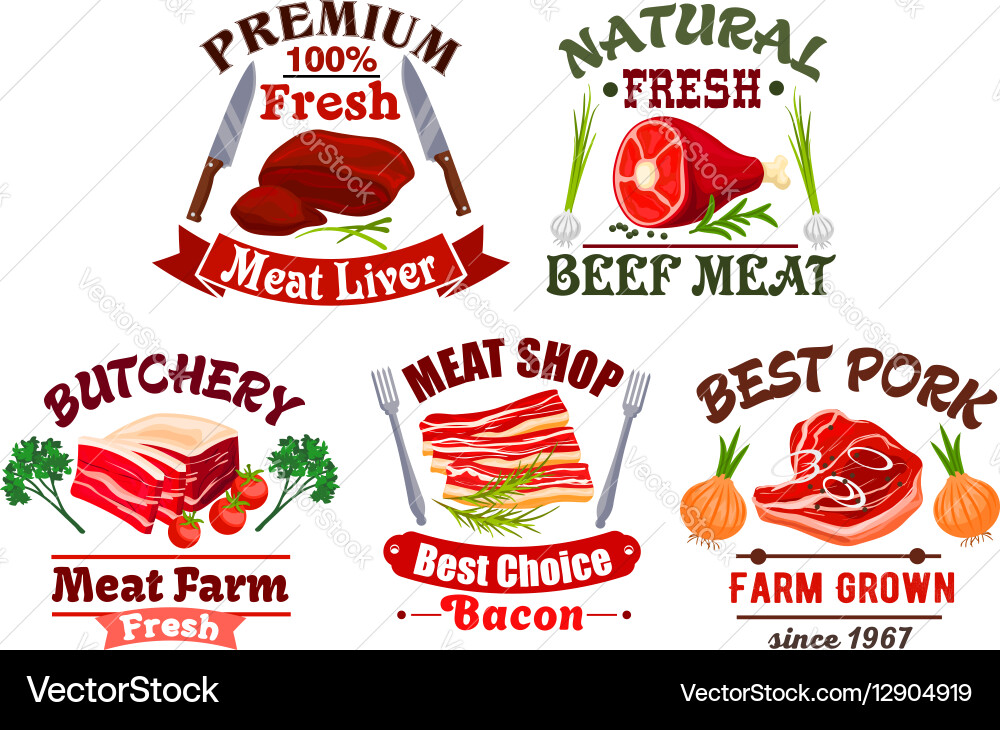 Butchery shop emblems and fresh meat icons Vector Image