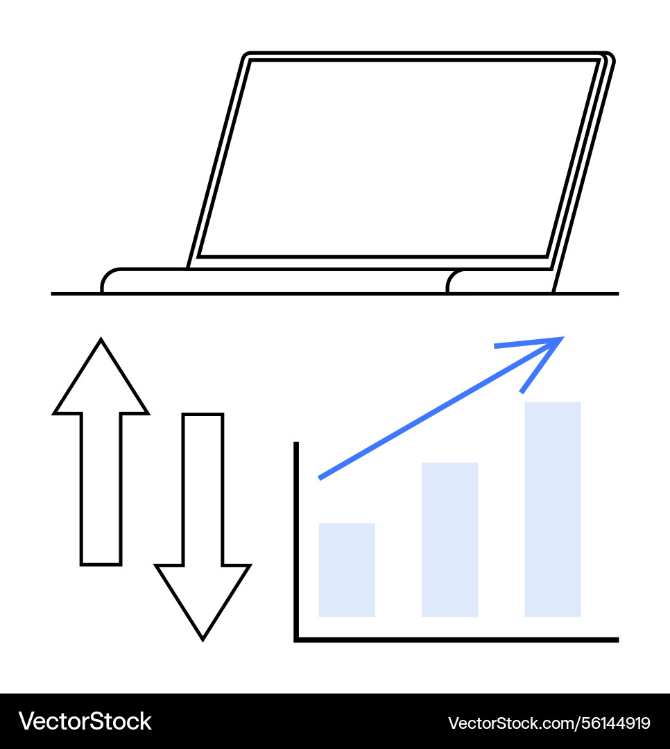 Laptop with arrows and growth chart representing Vector Image