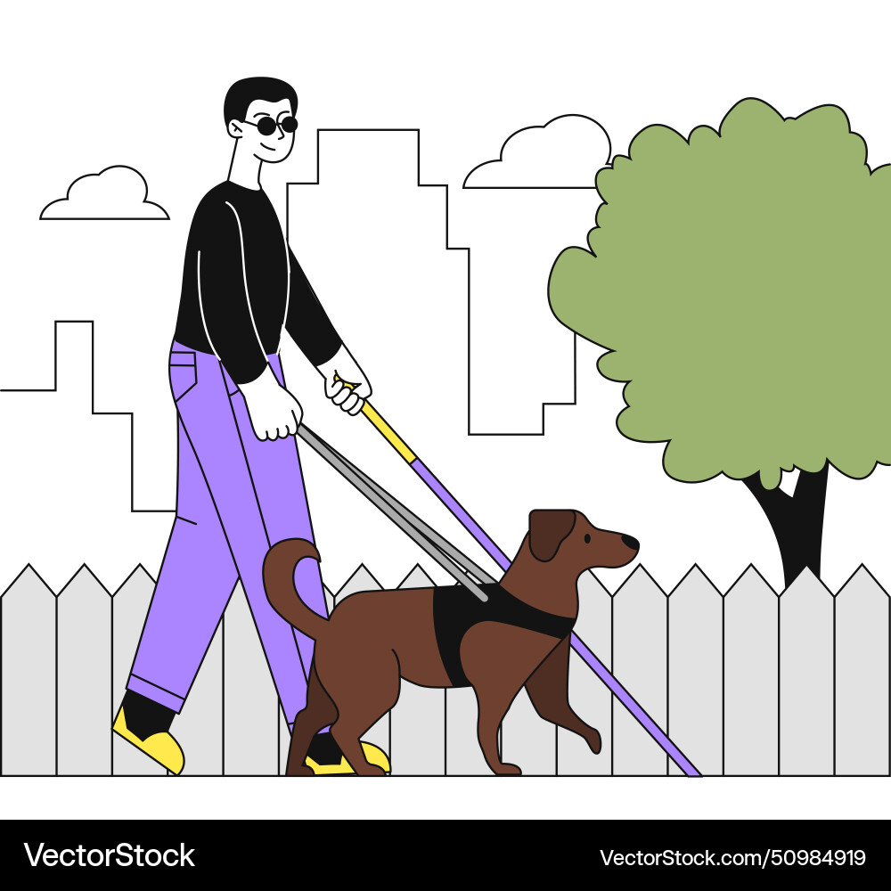 Man with guide dog linear Royalty Free Vector Image