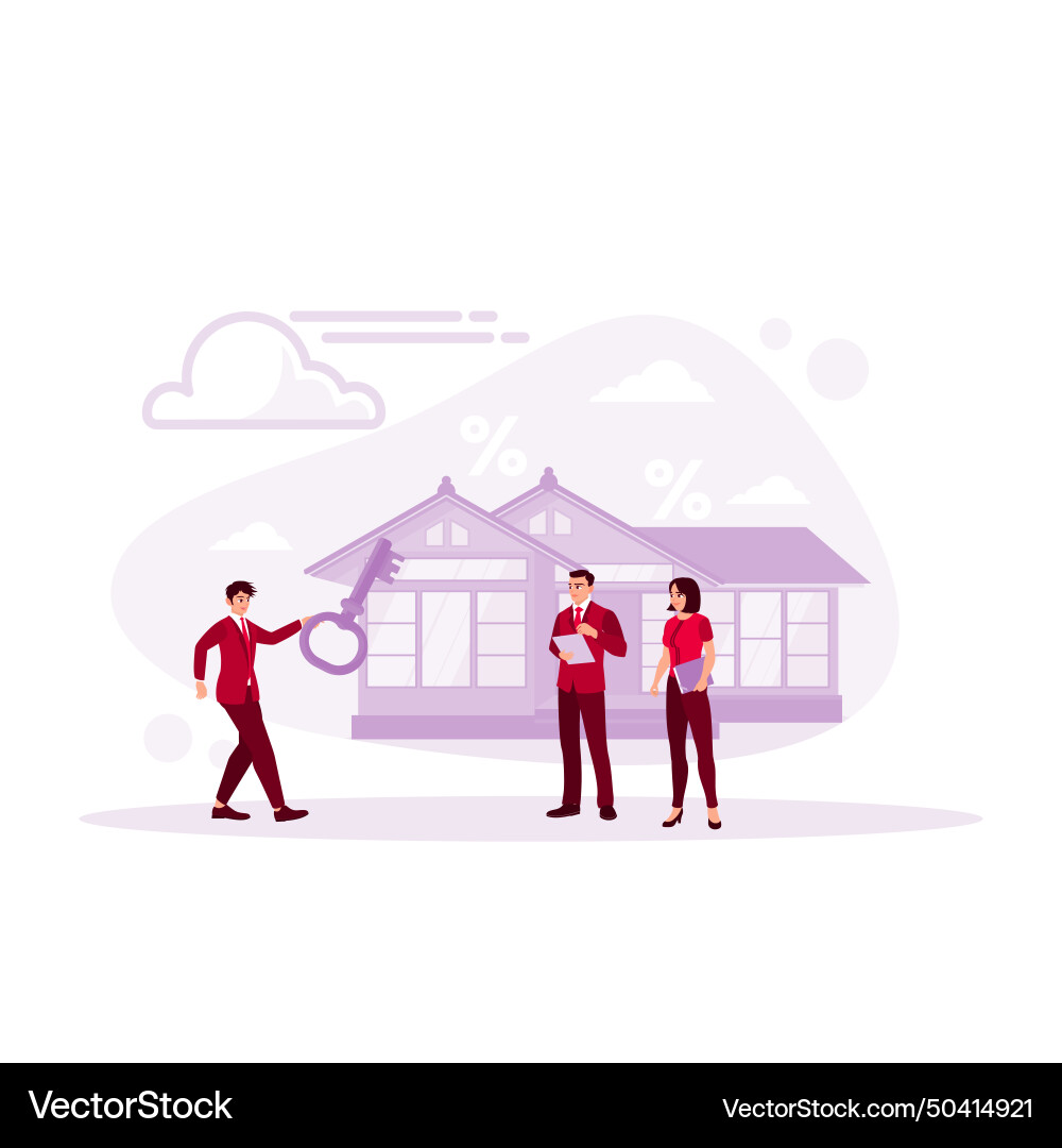 Real estate agent man holding key two businessmen Vector Image