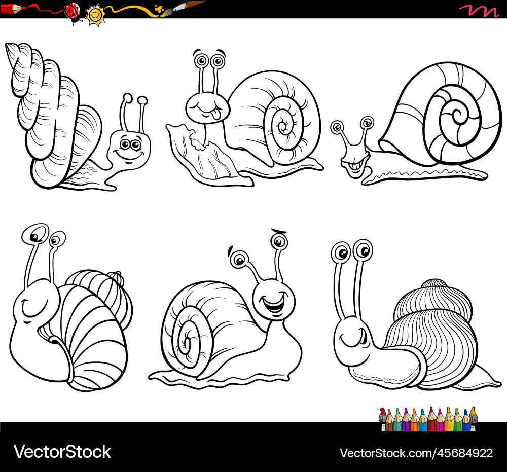 Cartoon snails animal characters set coloring page