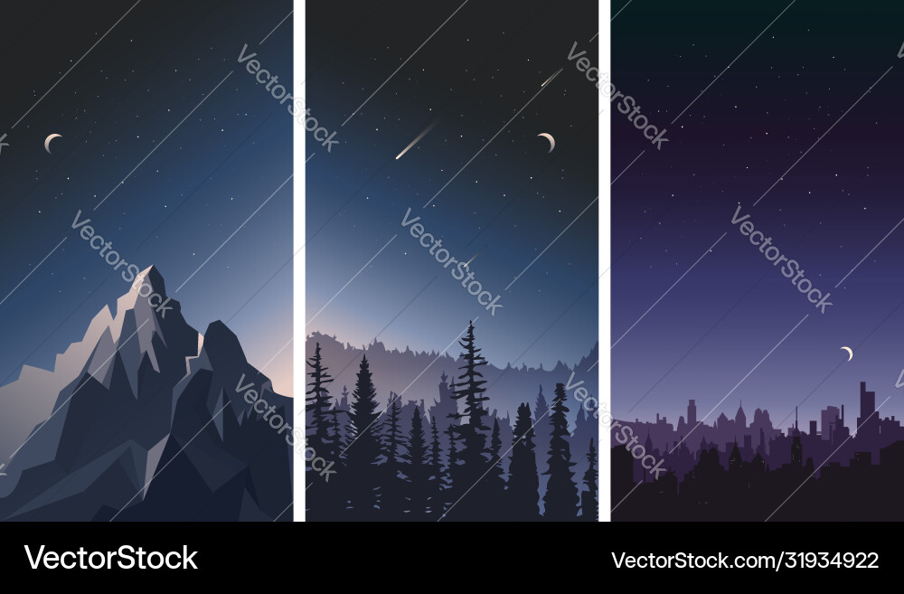 Set night sky landscapes Royalty Free Vector Image