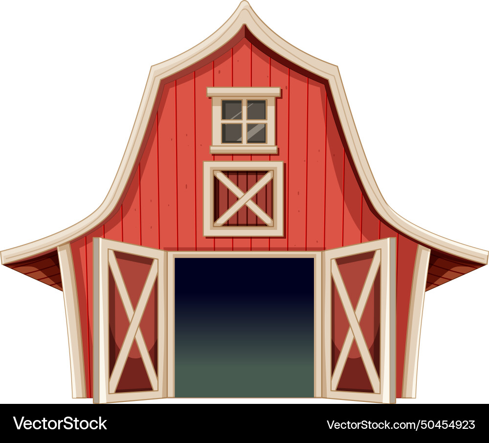 Cartoon-style red barn with white trim details Vector Image