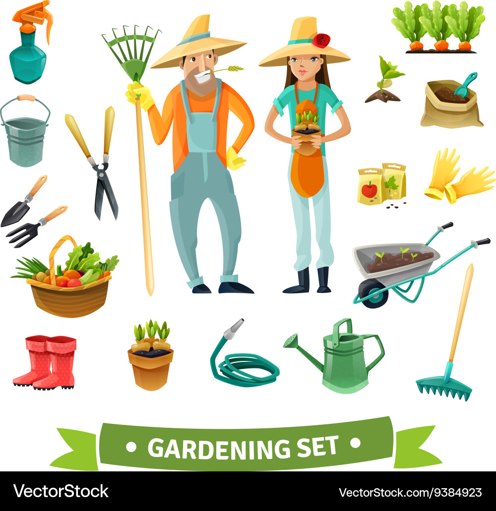 Gardening cartoon set Royalty Free Vector Image
