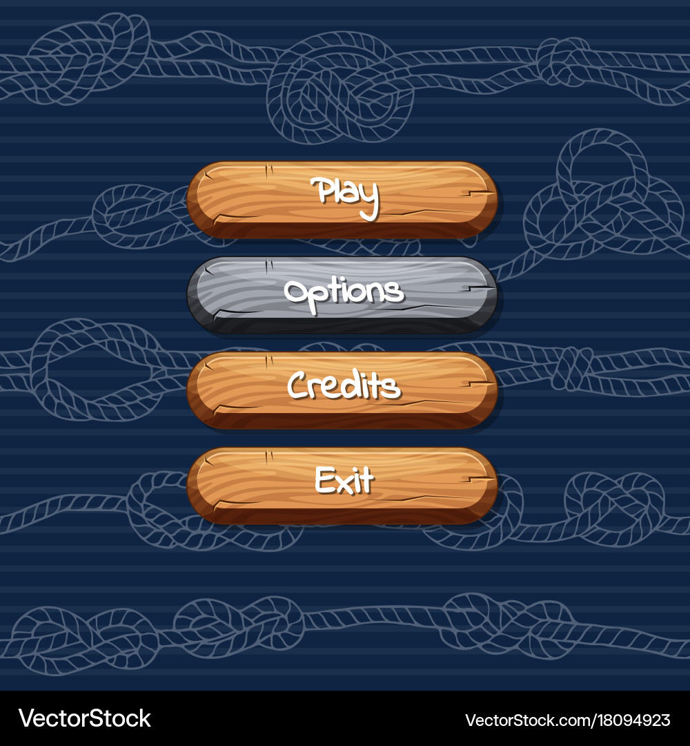 Wooden GUI Buttons - Play, Exit, Credits Vector Image
