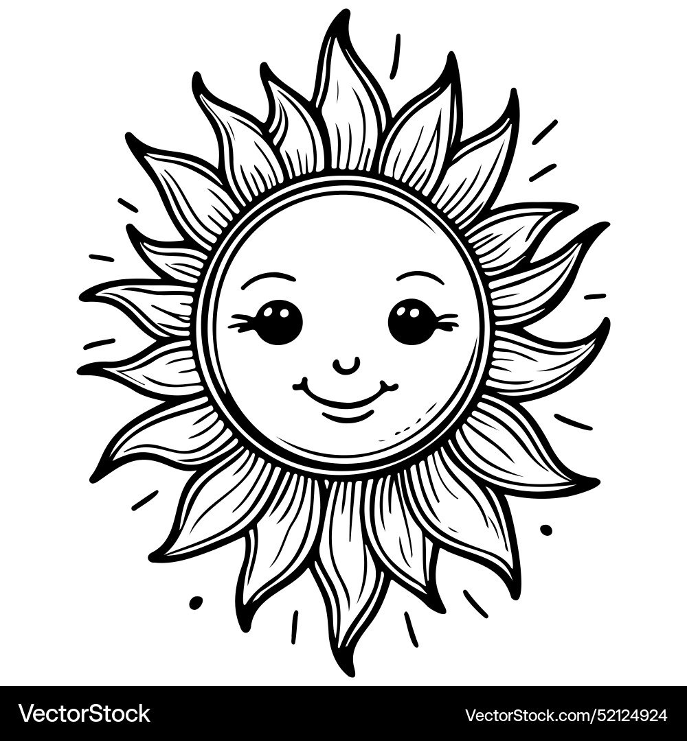 Cartoon sun drawing black line isolated Royalty Free Vector