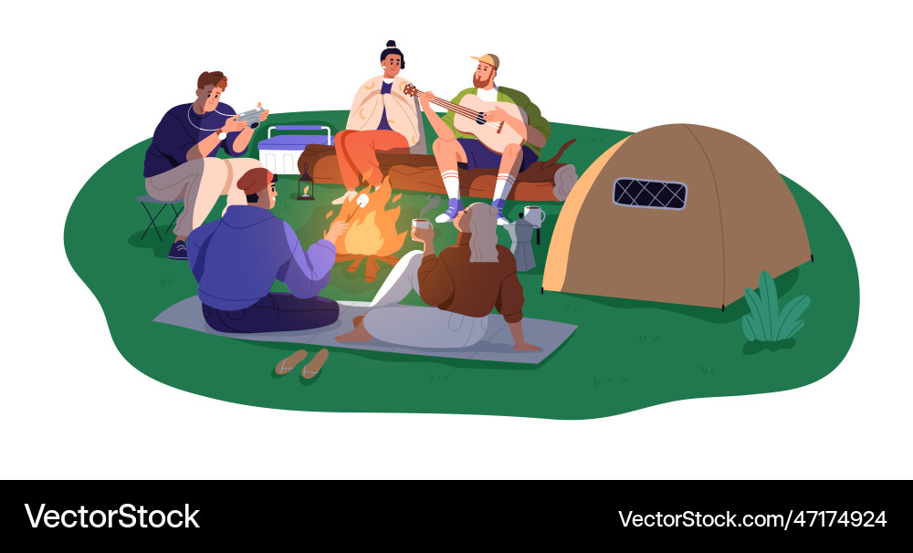 Friends Camping Around Campfire Royalty Free Vector Image