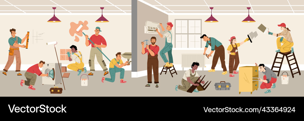 Renovation workers repair home interior team Vector Image
