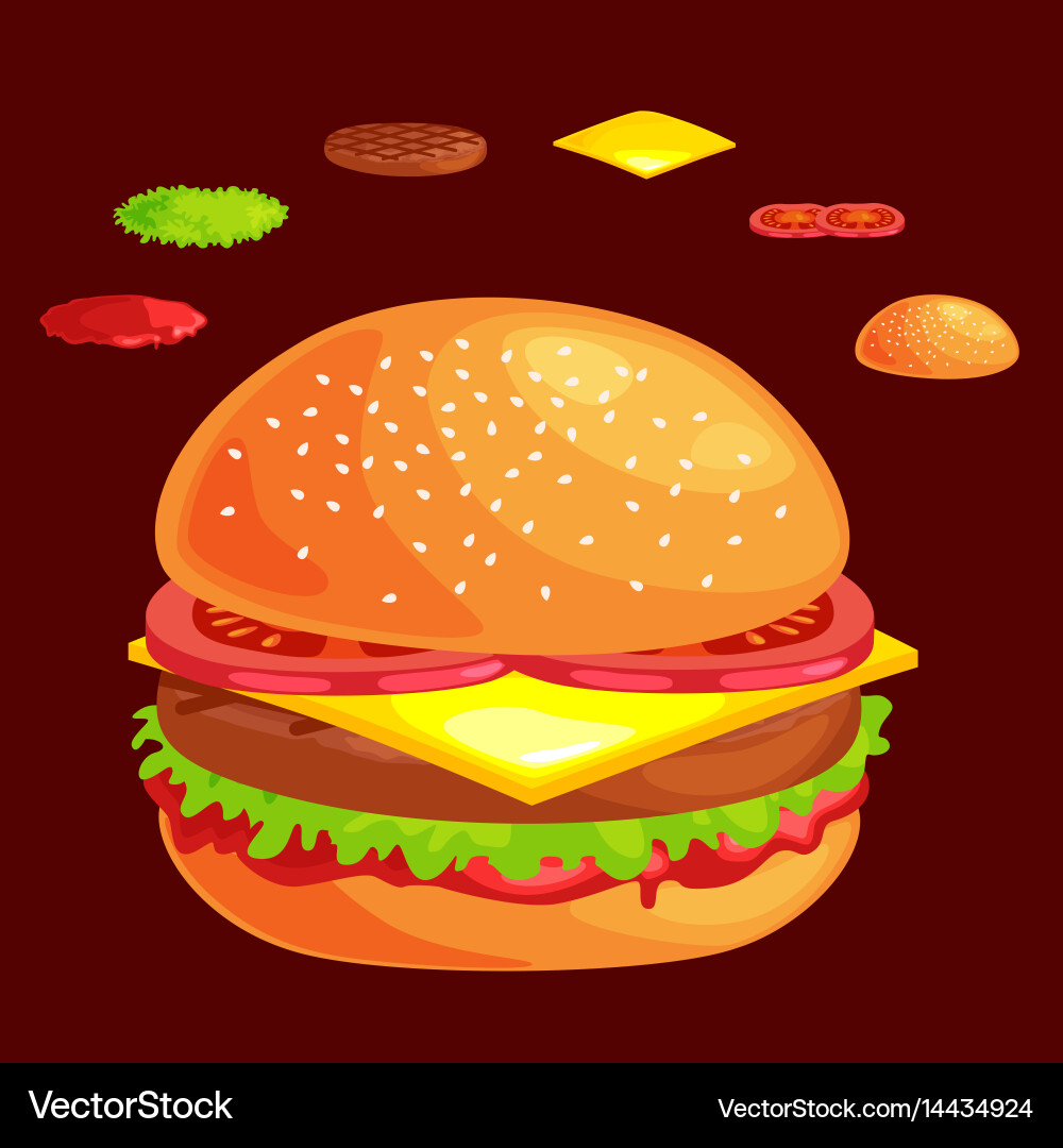 Set burger grilled beef vegetables dressed Vector Image