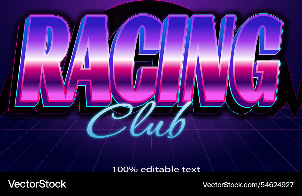 Racing club editable text effect 3d emboss neon Vector Image