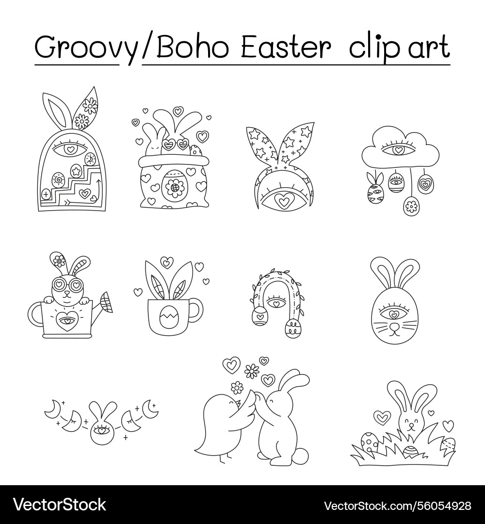 Doodle groovy boho easter cute cartoon animals Vector Image