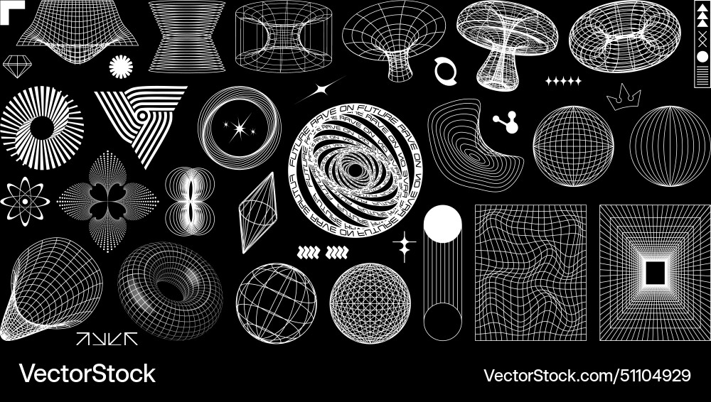 Abstract y2k geometric shapes and 3d wireframe Vector Image