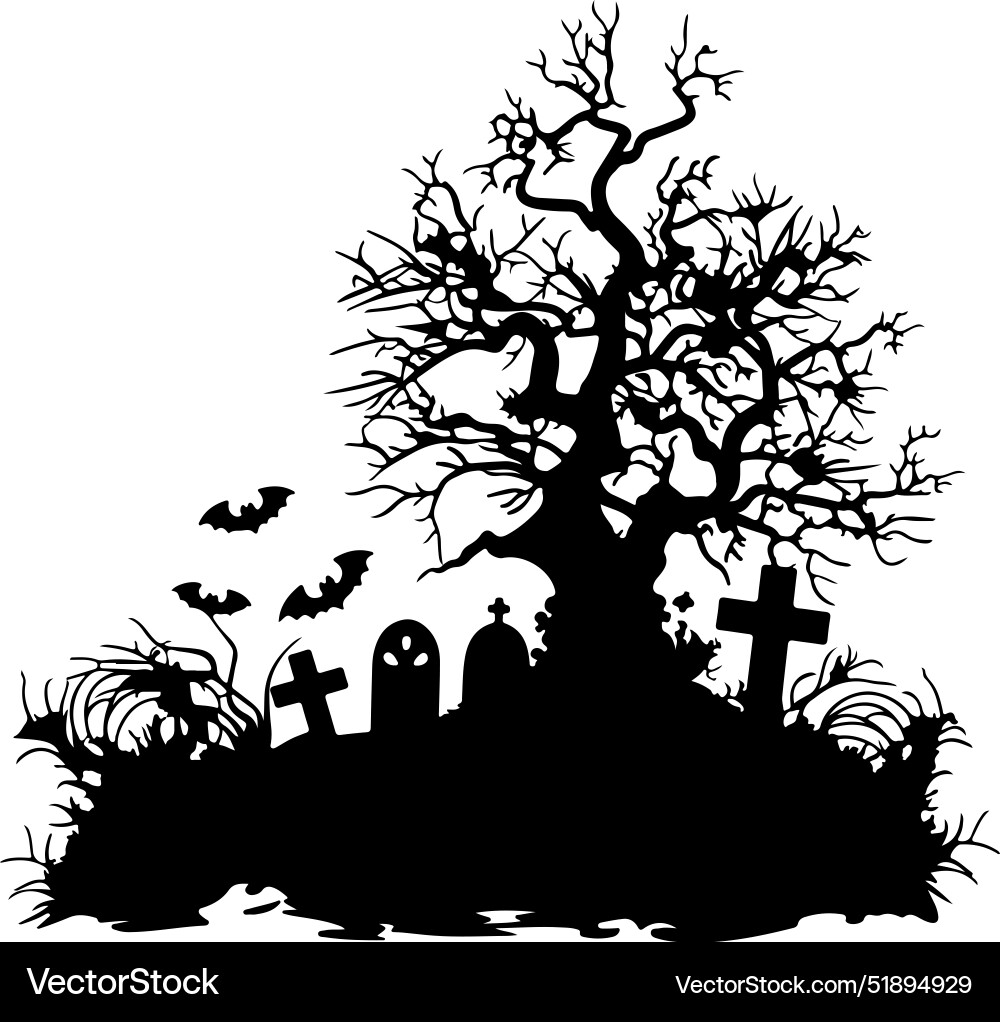 Halloween graveyard silhouette white background Vector Image
